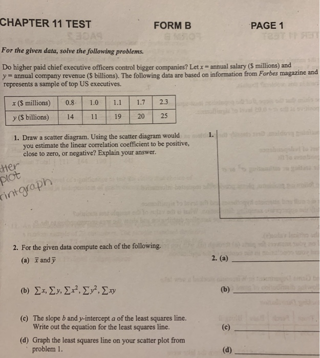 Solved CHAPTER 11 TEST FORM B PAGE 1 For the given data, | Chegg.com