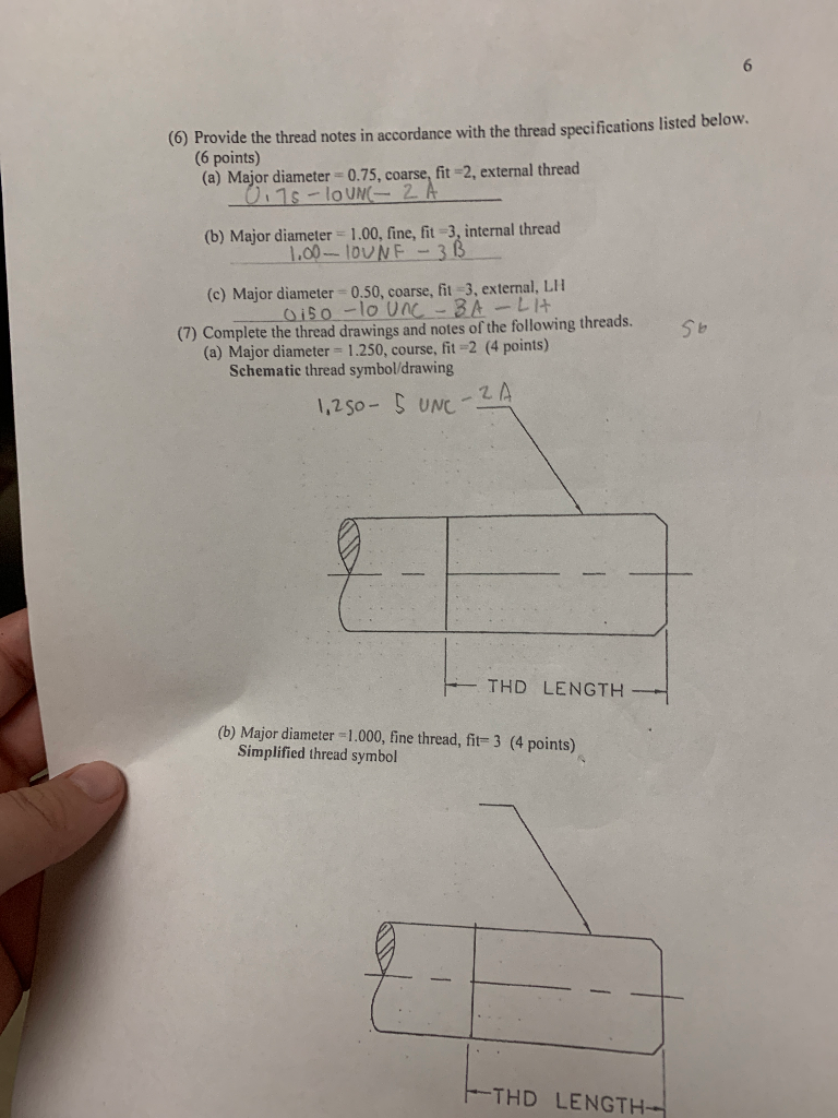 Solved (6) Provide the thread notes in accordance with the | Chegg.com