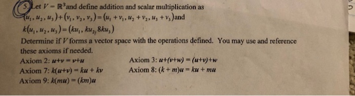 Solved 5. LetV-R3and define addition and scalar | Chegg.com