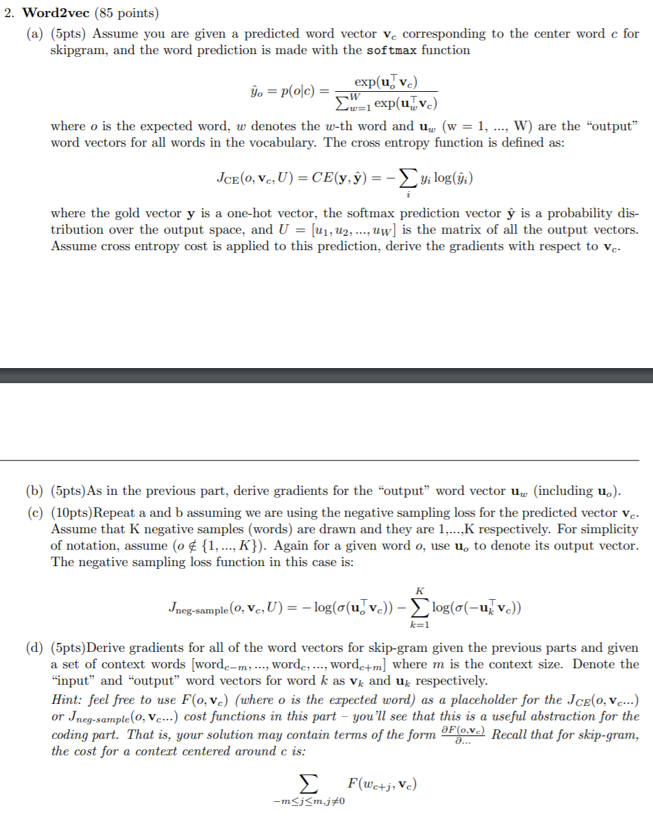 2. Word2vec (85 points) (a) (5pts) Assume you are | Chegg.com