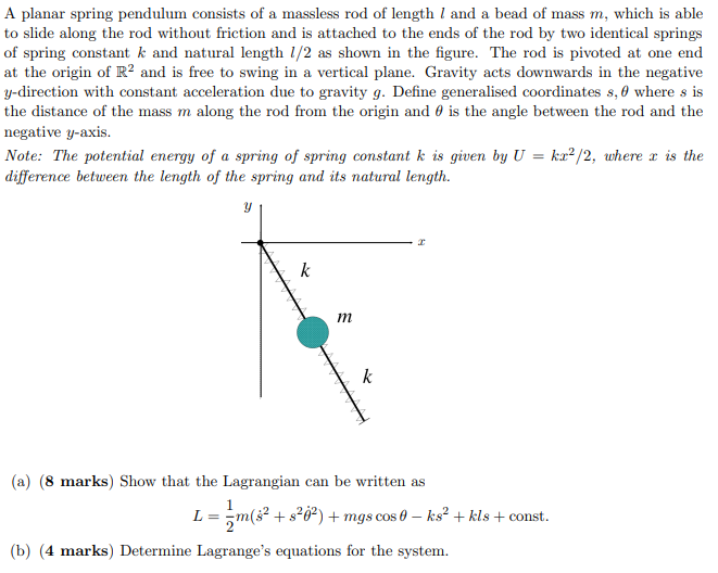 Solved A planar spring pendulum consists of a massless rod | Chegg.com