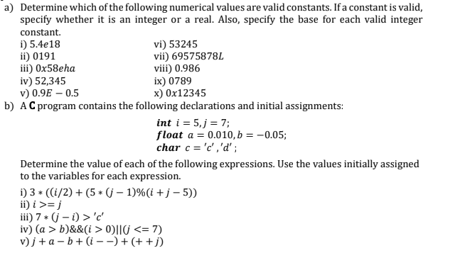 Solved a) Determine which of the following numerical values | Chegg.com