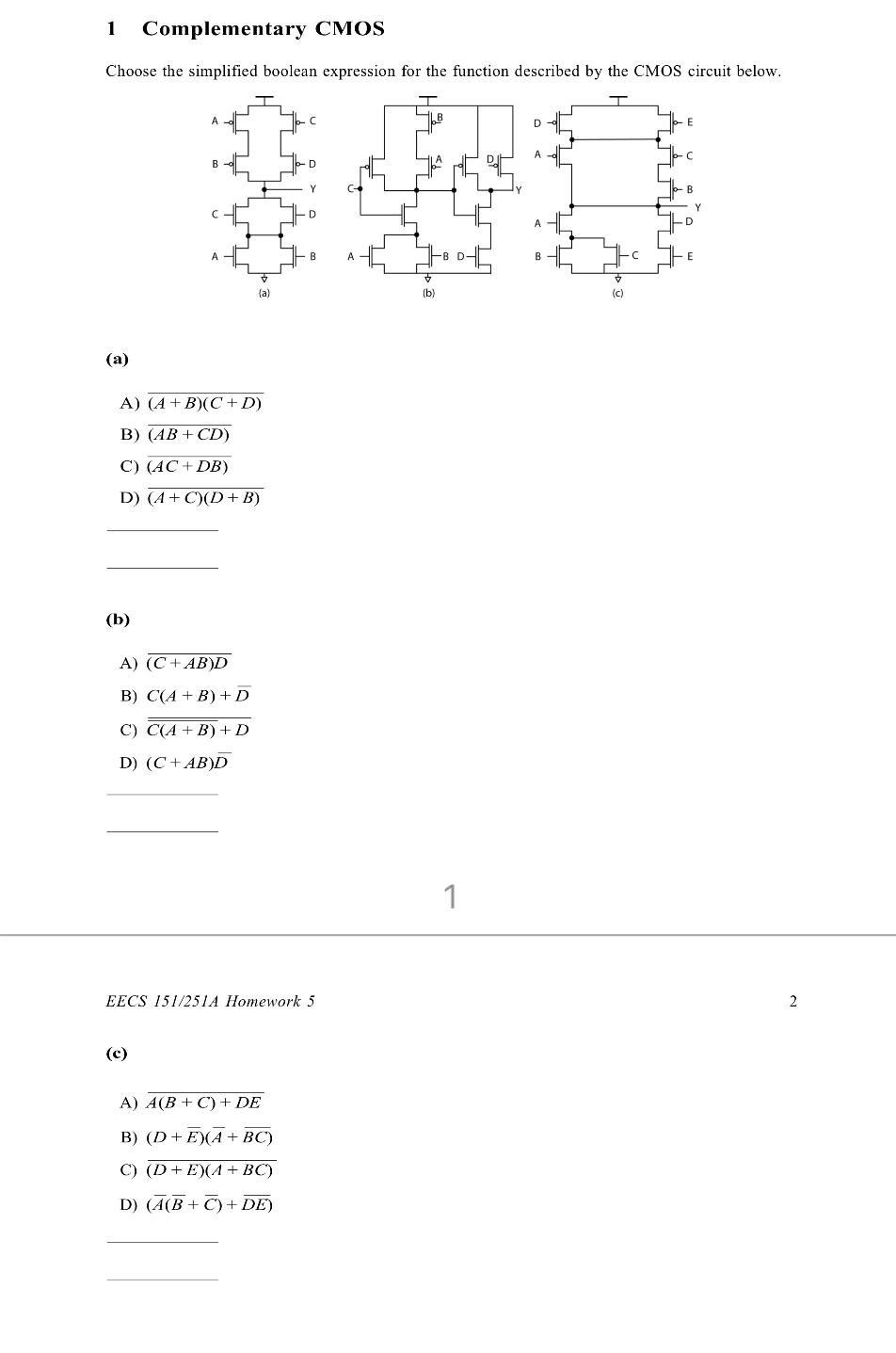 Solved 1 Complementary CMOS Choose the simplified boolean | Chegg.com
