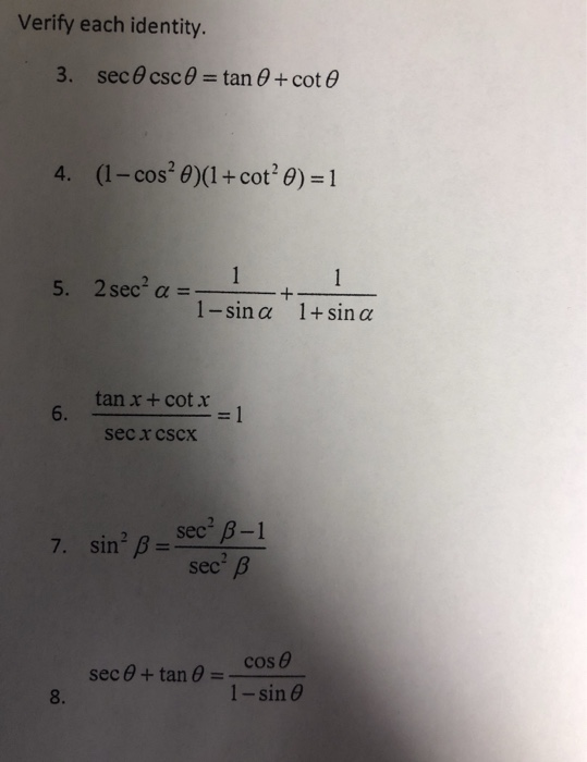 Solved Verify each identity. 4. (1- cos 2 θ)(1 + cot-θ)-1 5. | Chegg.com