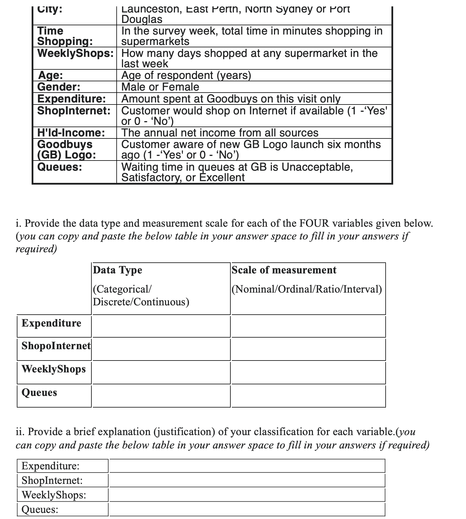 Solved i. Provide the data type and measurement scale for | Chegg.com