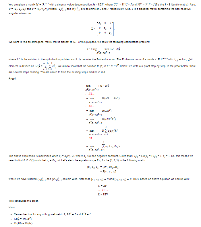You are given a matrix M = R3** with a singular value | Chegg.com