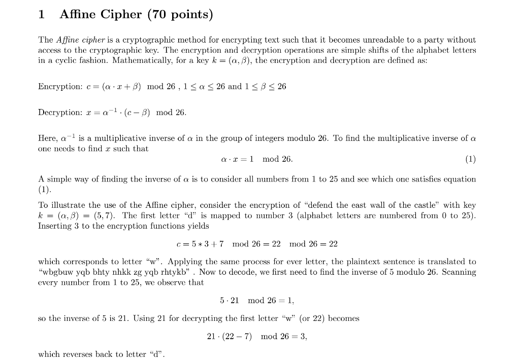 Solved 1 Affine Cipher (70 points) The Affine cipher is a | Chegg.com