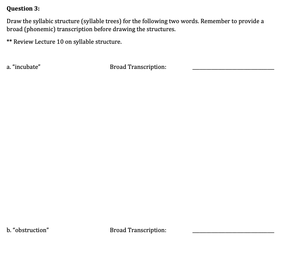 Question 3: Draw the syllabic structure (syllable | Chegg.com
