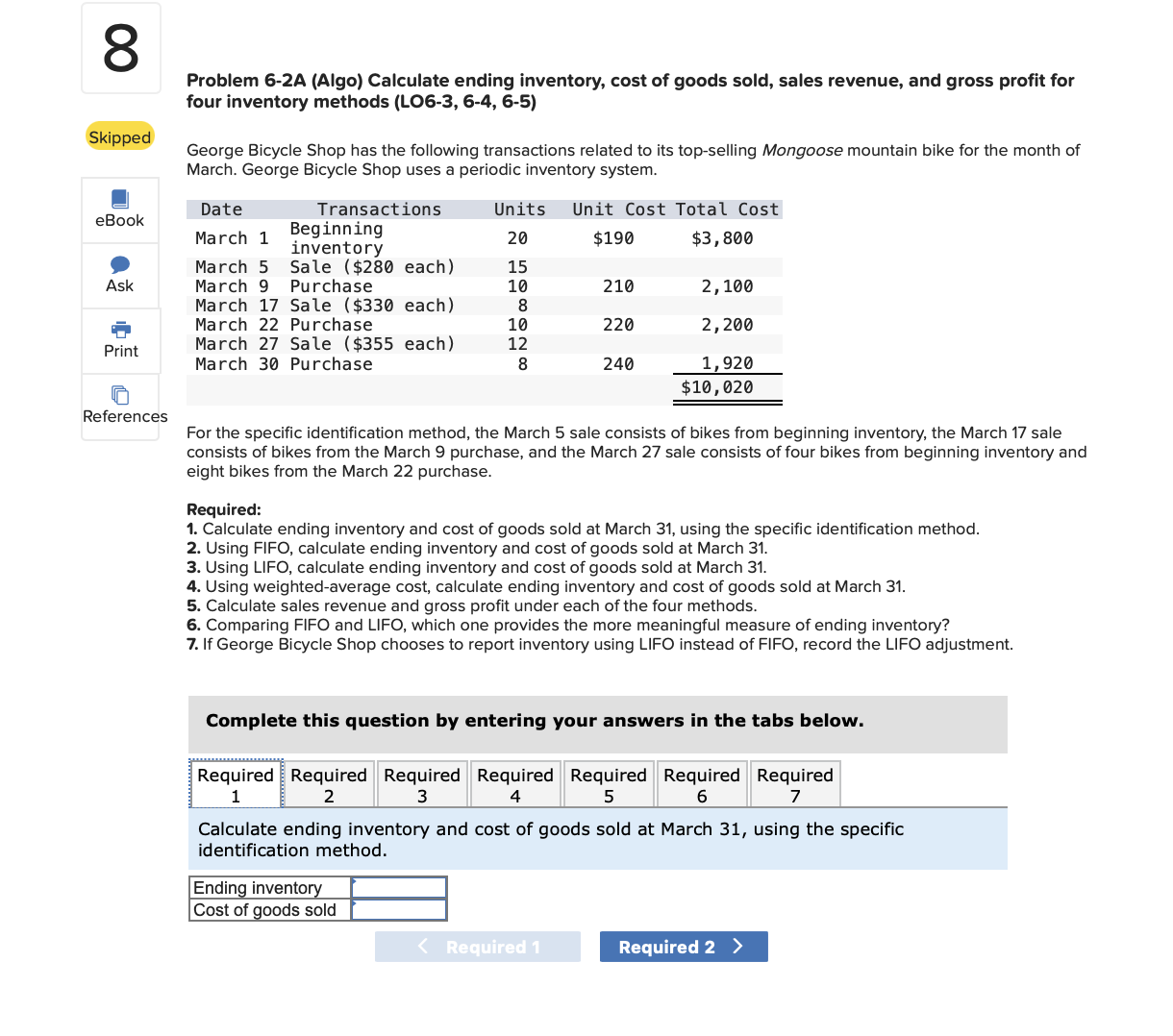 Solved Problem 6-2A (Algo) Calculate ending inventory, cost | Chegg.com