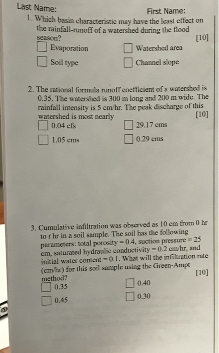 Solved Last Name: First Name: 1. Which basin characteristic | Chegg.com