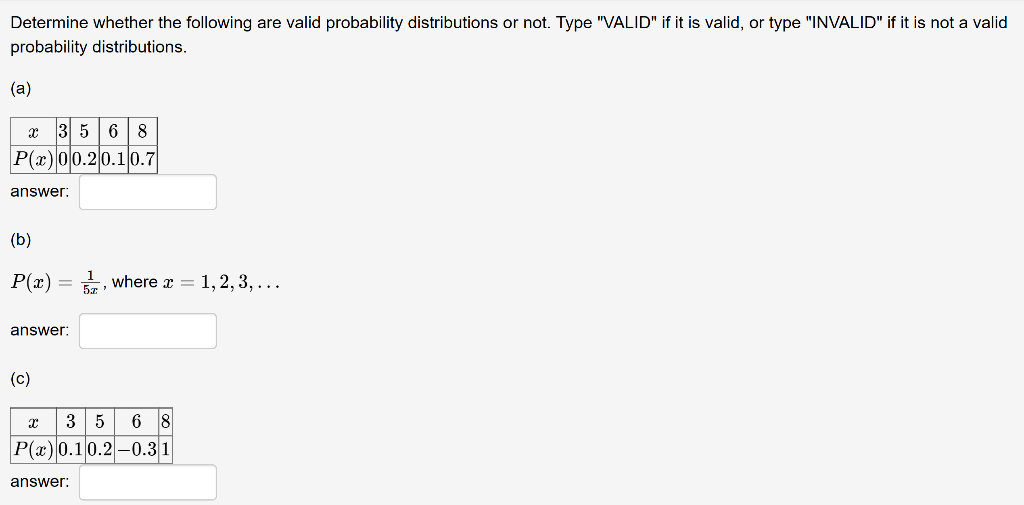 Solved Determine whether the following are valid probability | Chegg.com