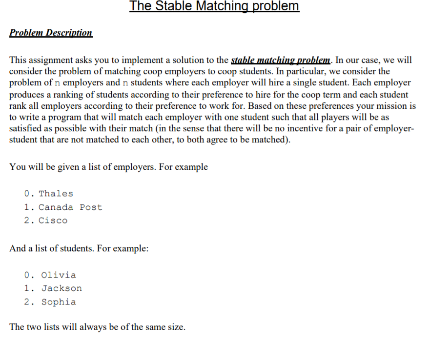 The Stable Matching problem Problem Description This | Chegg.com