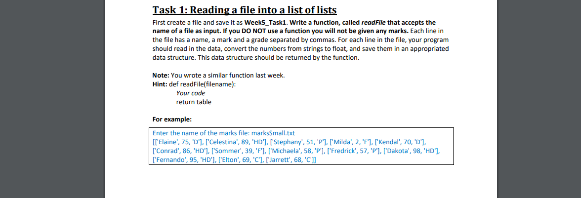 Solved Task 1: Reading a file into a list of lists First | Chegg.com