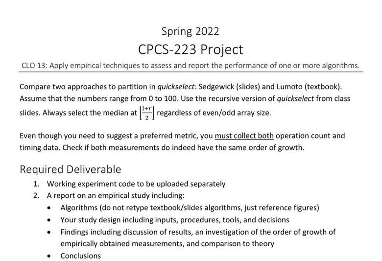 Spring 2022 CPCS-223 Project CLO 13: Apply empirical | Chegg.com