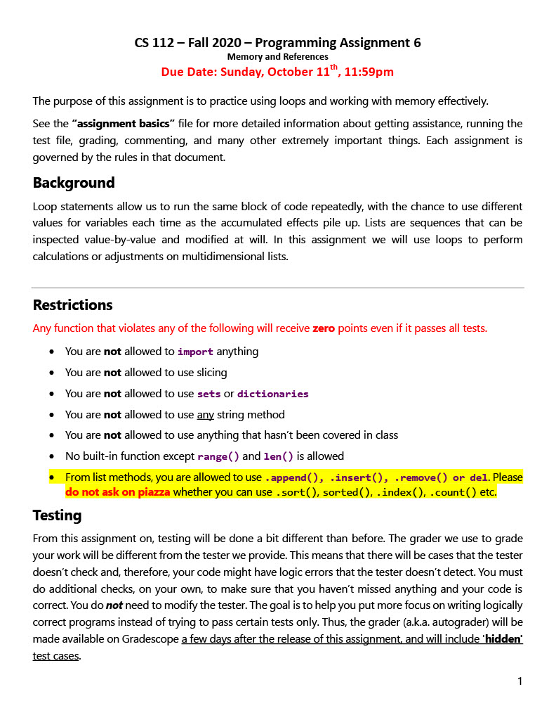 CS 112 - Fall 2020 - Programming Assignment 6 Memory | Chegg.com