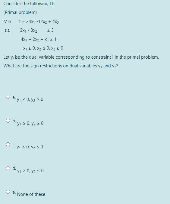 Solved Consider the following LP. (Primal problem) Min z = | Chegg.com