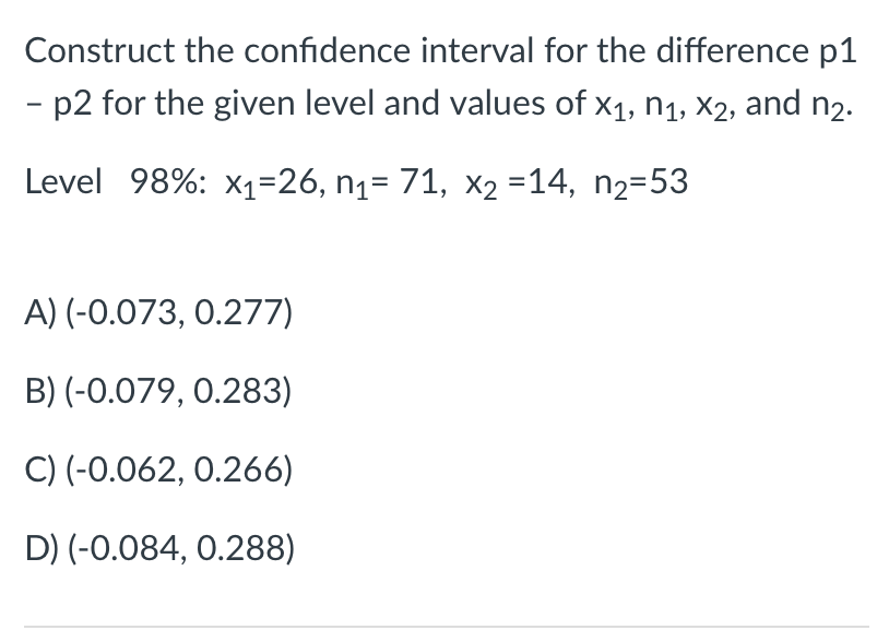 Solved Construct the confidence interval for the difference | Chegg.com