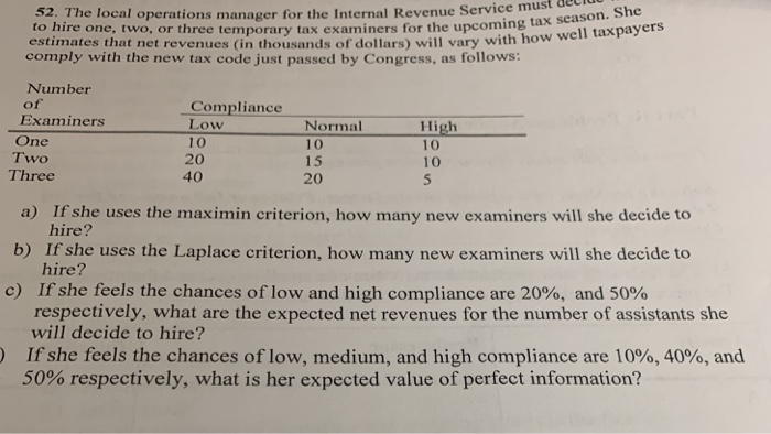 Solved 52. The local operations manager for the Internal | Chegg.com