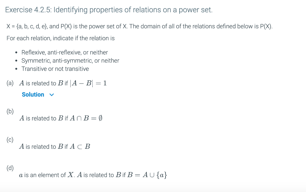 Solved Exercise 4.2.5: Identifying properties of relations | Chegg.com