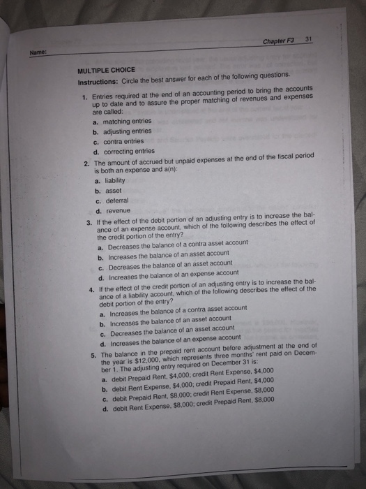 Solved Name: ter F3 31 MULTIPLE CHOICE Instructions: Circle | Chegg.com