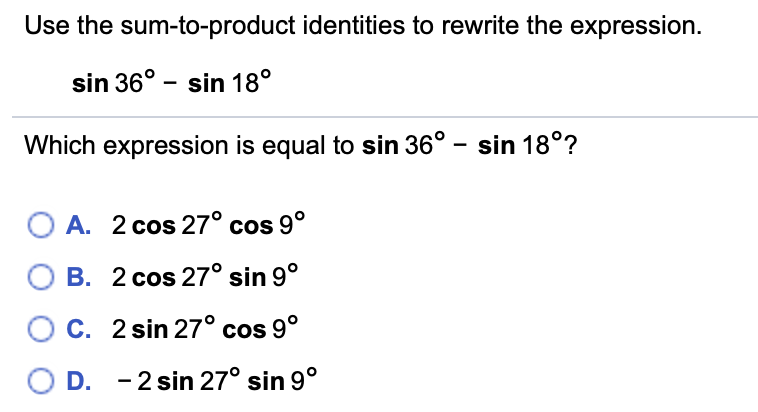 Solved Use the sum-to-product identities to rewrite the | Chegg.com
