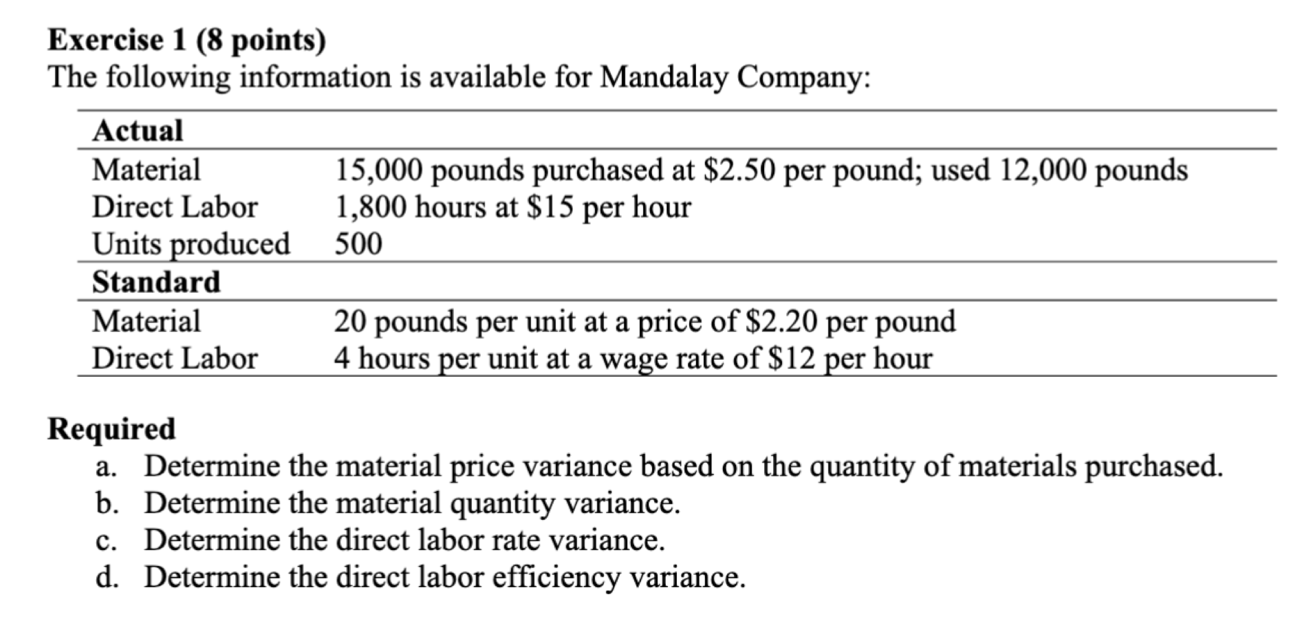 Solved Exercise 1 (8 points) The following information is | Chegg.com
