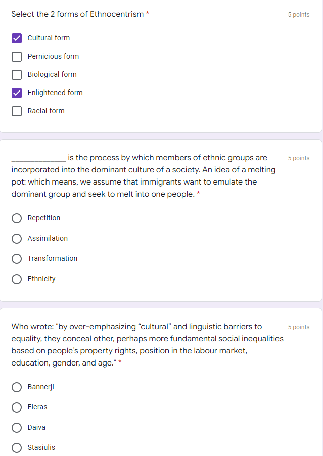 Solved Select the 2 forms of Ethnocentrism 5 points Cultural | Chegg.com