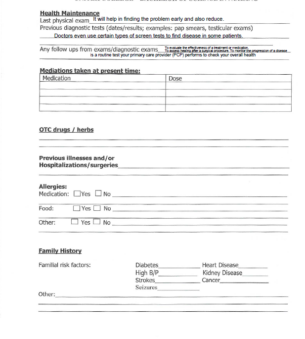 Solved Health Maintenance Last physical exam It will help in | Chegg.com