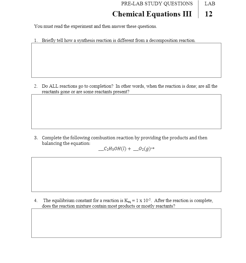 Solved LAB PRE-LAB STUDY QUESTIONS Chemical Equations III | Chegg.com