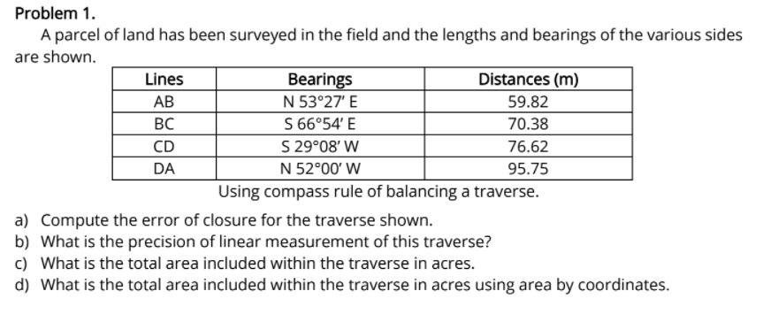 Solved Problem 1. A parcel of land has been surveyed in the | Chegg.com