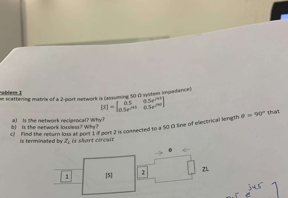 Solved roblem 1 me scattering matrix of a 2-port network is | Chegg.com