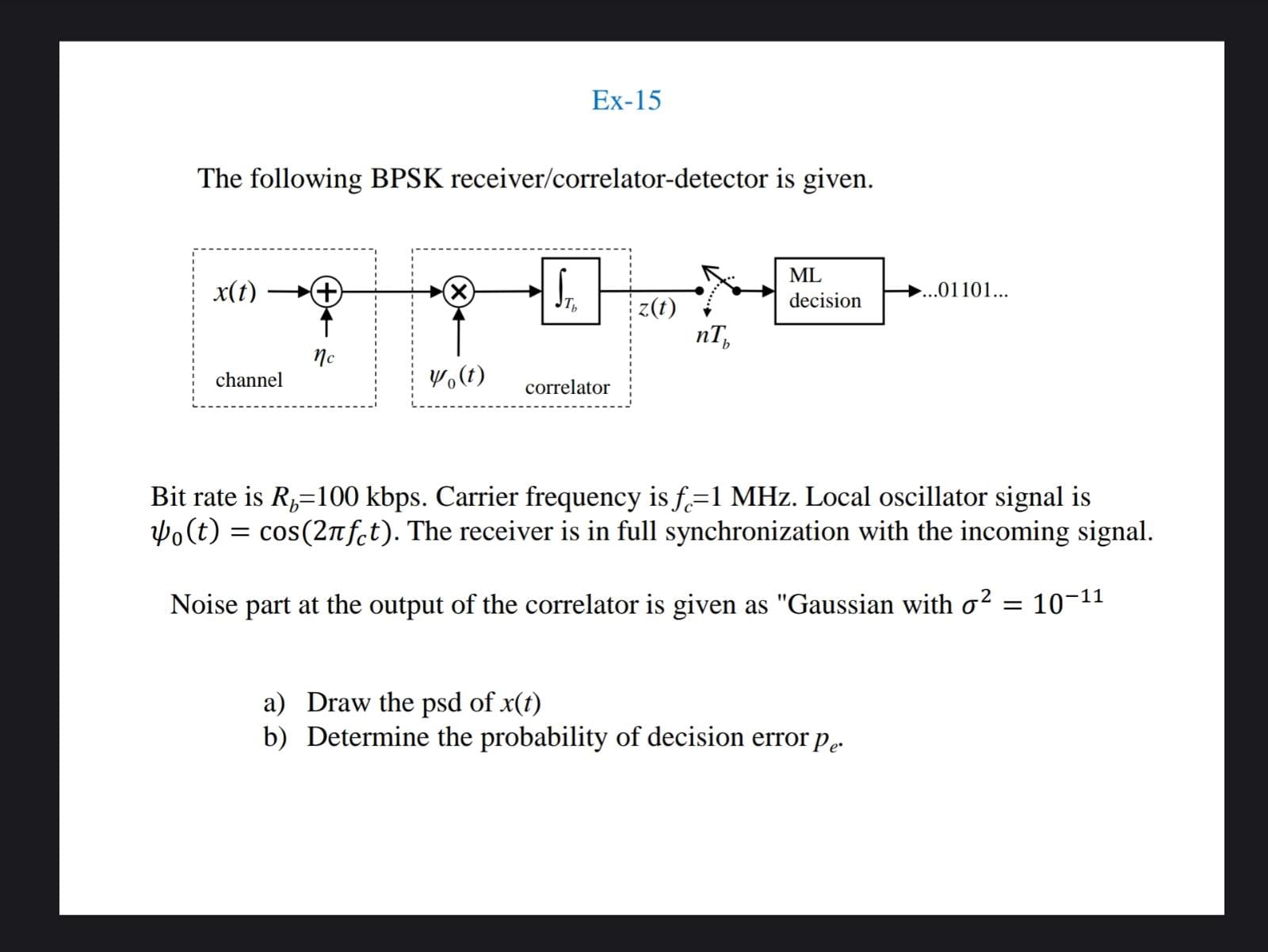 Solved The following BPSK receiver/correlator-detector is | Chegg.com