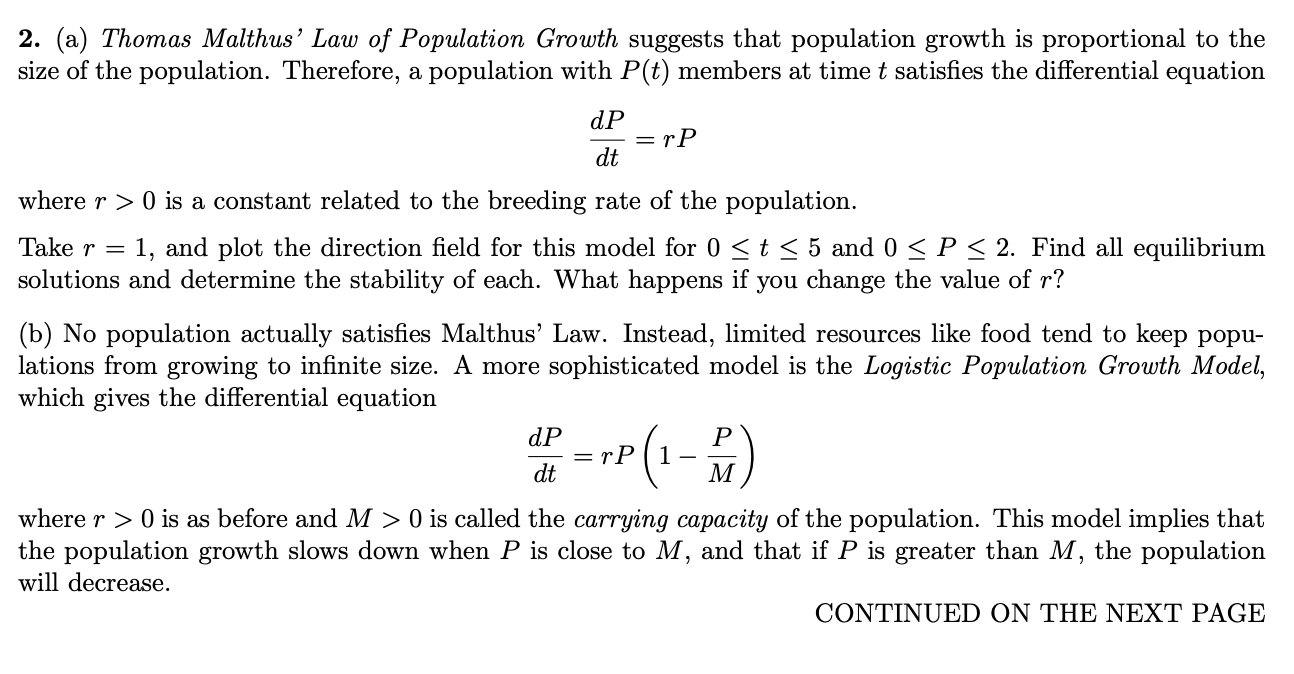 Solved 2. (a) Thomas Malthus' Law of Population Growth | Chegg.com
