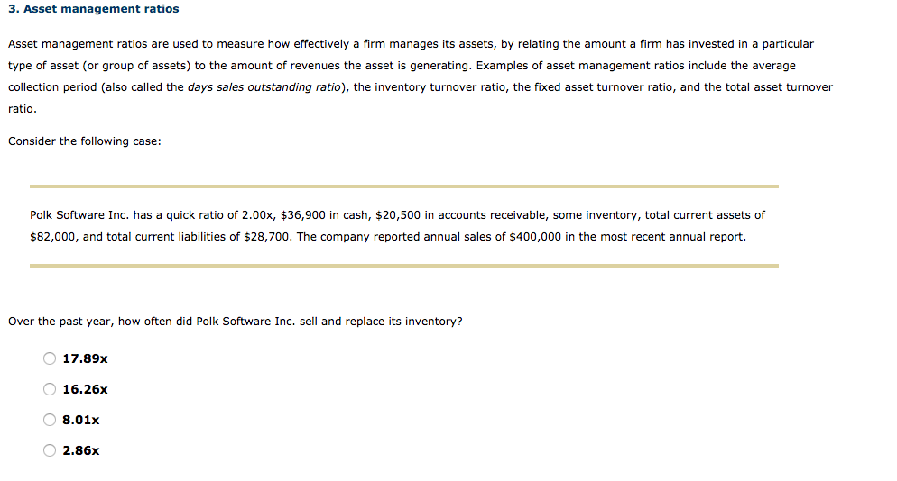 Solved 3. Asset management ratios Asset management ratios | Chegg.com