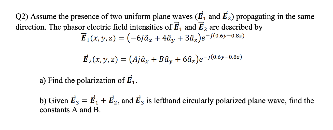 Solved Q2) Assume the presence of two uniform plane waves | Chegg.com