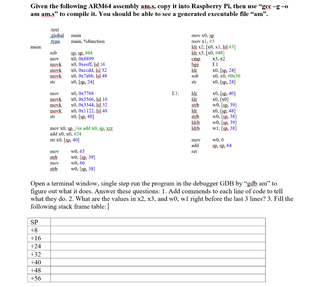 Solved Given the following ARM64 assembly am.s, copy it into | Chegg.com