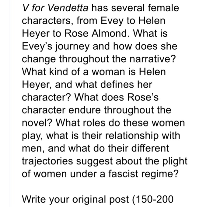 V for Vendetta has several female characters, from | Chegg.com