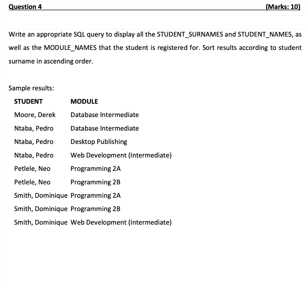 Solved Question 4 (Marks: 10) Write an appropriate SQL query | Chegg.com