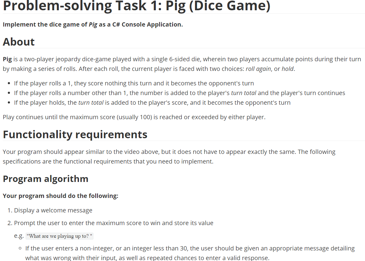 Solved Problem-solving Task 1: Pig (Dice Game) Implement the | Chegg.com