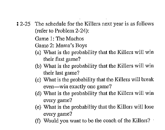 Solved 2-25 ﻿The schedule for the Killers next year is as | Chegg.com