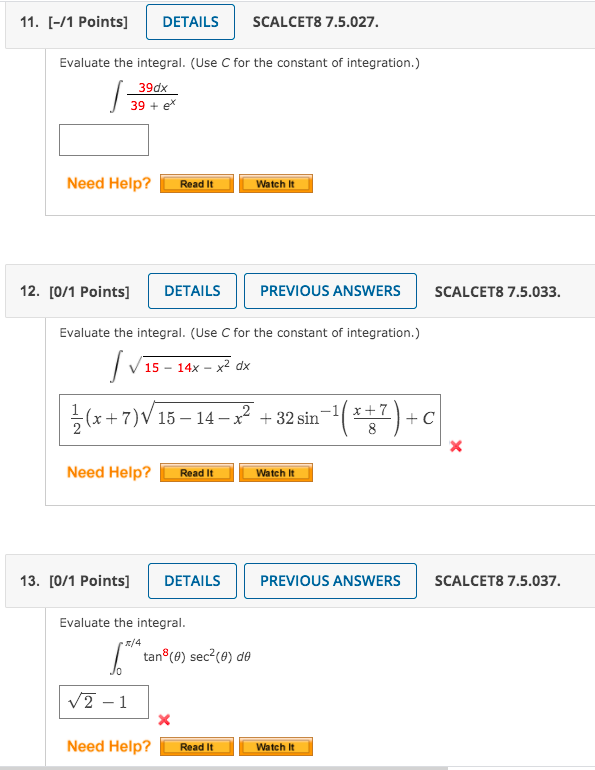 Solved 11. [-/1 Points) DETAILS SCALCET8 7.5.027. Evaluate | Chegg.com