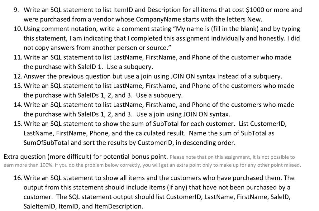 Solved Please read carefully! Create SQL statements for each | Chegg.com
