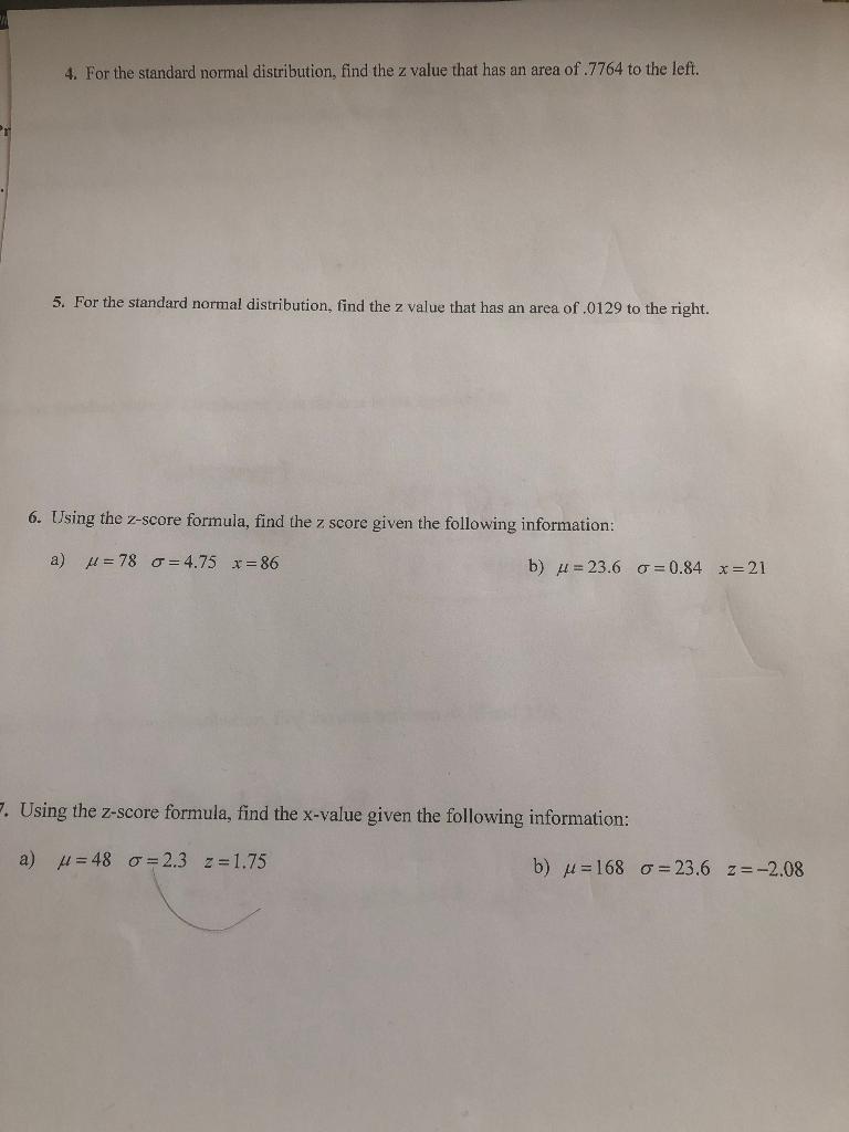 Solved 4. For the standard normal distribution, find the z | Chegg.com