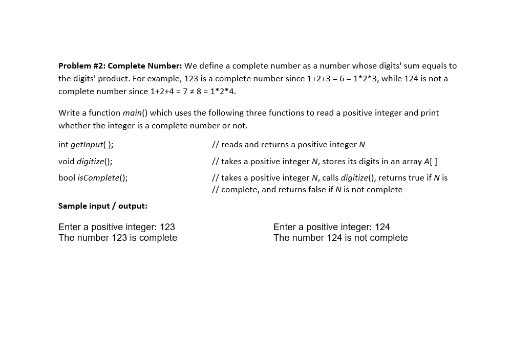Solved Problem #2: Complete Number: We define a complete | Chegg.com