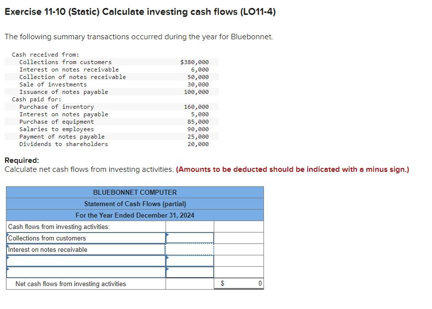 Solved Exercise 11−10 (Static) Calculate investing cash | Chegg.com Solved Exercise 11−10 (Static) Calculate investing cash | Chegg.com