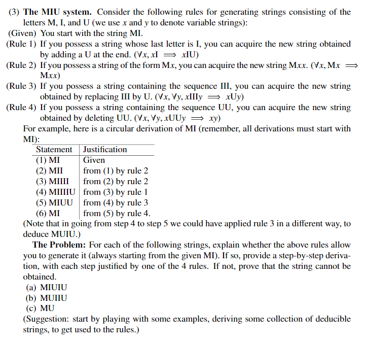 (3) The MIU system. Consider the following rules for | Chegg.com