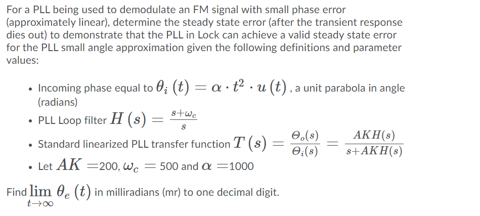 Solved For a PLL being used to demodulate an FM signal with | Chegg.com