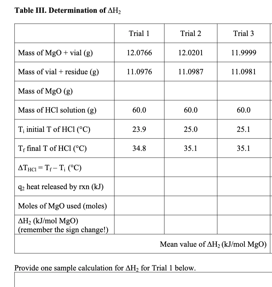 Solved Table III. Determination of AH2 Trial 1 Trial 2 Trial | Chegg.com