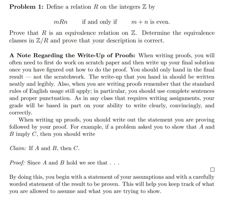 Solved Problem 1: Define a relation R on the integers Z by | Chegg.com