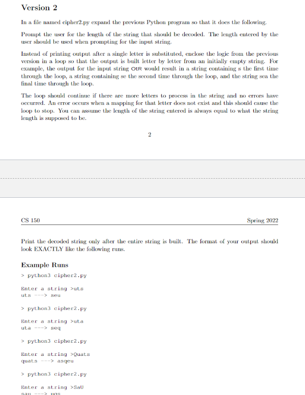 Version 2 In a file named cipher2.py expand the | Chegg.com